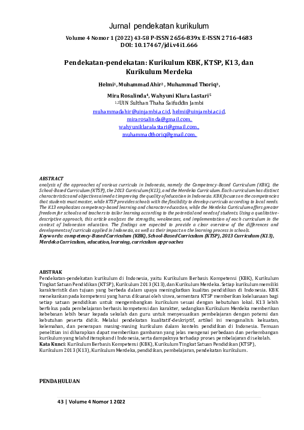 (PDF) Jurnal Pendekatan kurikulum : K13, KTSP, KBK, kurikulum merdeka