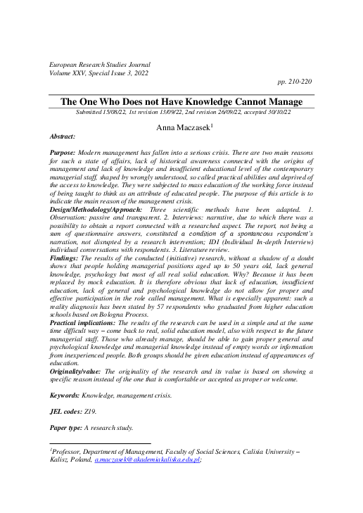(PDF) The One Who Does not Have Knowledge Cannot Manage