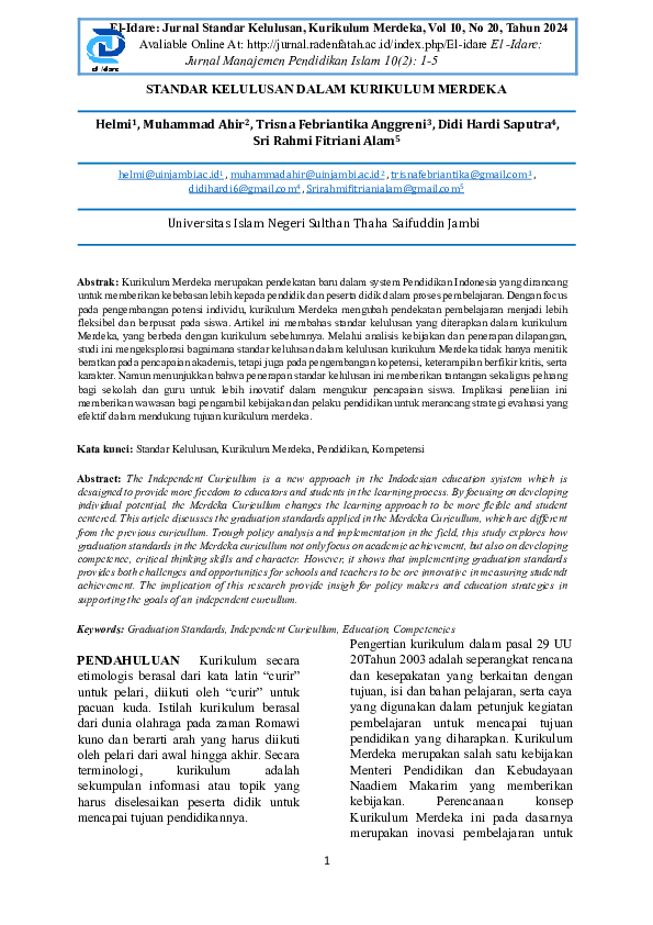 (PDF) JURNAL STANDAR KELULUSAN DAN KURIKULUM MERDEKA