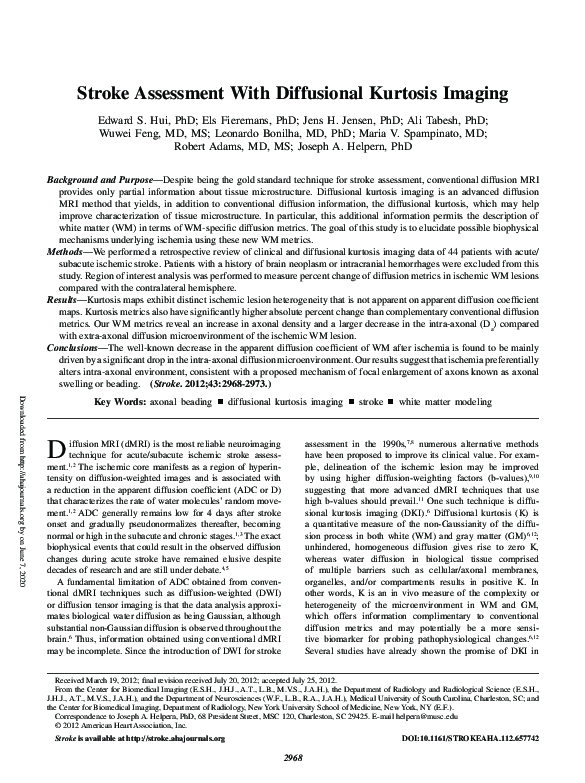 (PDF) Stroke Assessment With Diffusional Kurtosis Imaging