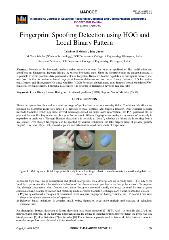 (PDF) Fingerprint Spoofing Detection using HOG and Local Binary Pattern