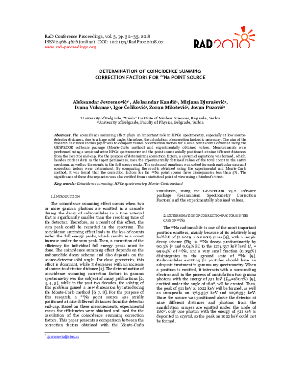 (PDF) DETERMINATION OF COINCIDENCE SUMMING CORRECTION FACTORS FOR 22Na ...