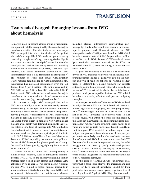(PDF) Two roads diverged: Emerging lessons from IVIG about hemolysis
