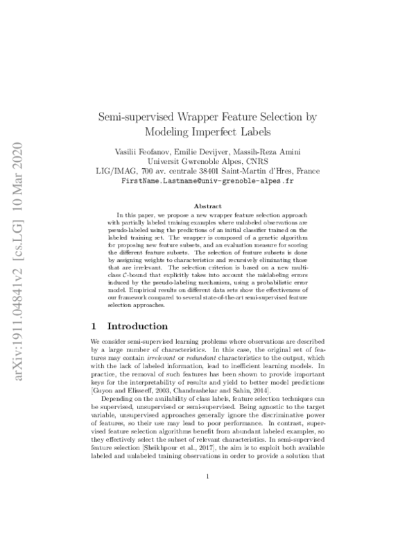 (PDF) Semi-supervised Wrapper Feature Selection with Imperfect Labels