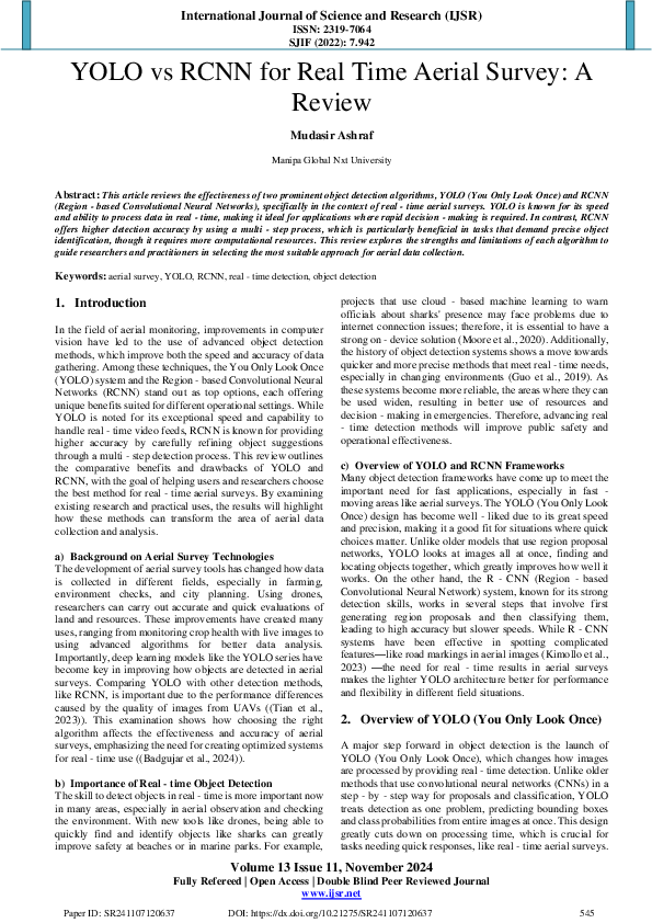 (PDF) YOLO vs RCNN for Real Time Aerial Survey: A Review