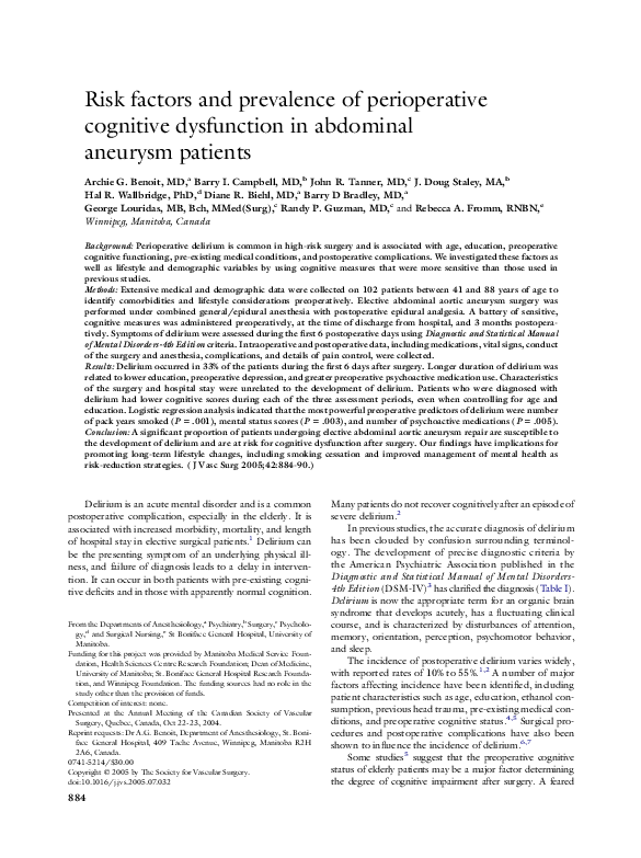 (PDF) Risk factors and prevalence of perioperative cognitive ...