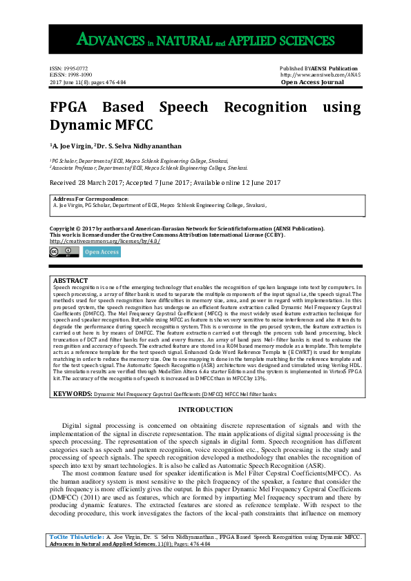 (PDF) FPGA Based Speech Recognition using Dynamic MFCC