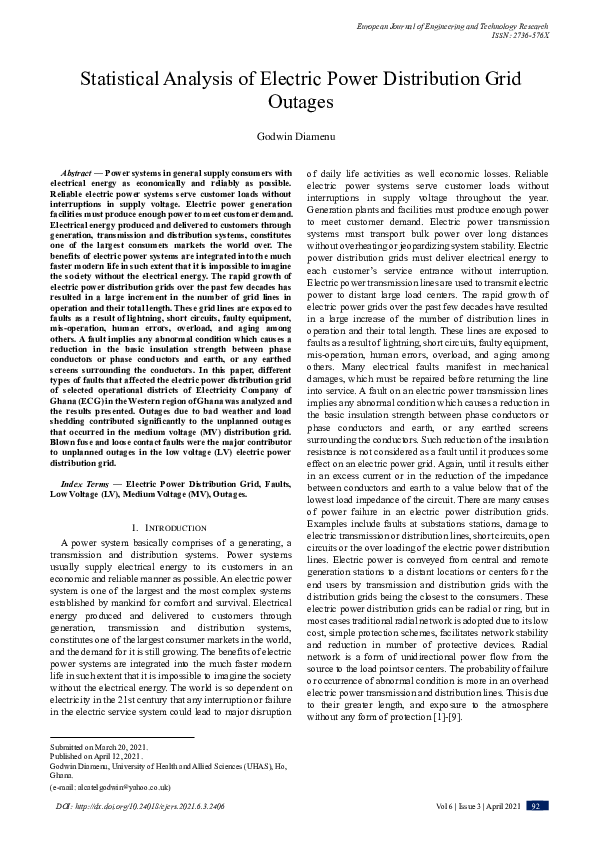 (PDF) Statistical Analysis of Electric Power Distribution Grid Outages