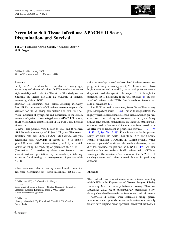 (PDF) Necrotizing Soft Tissue Infections: APACHE II Score ...