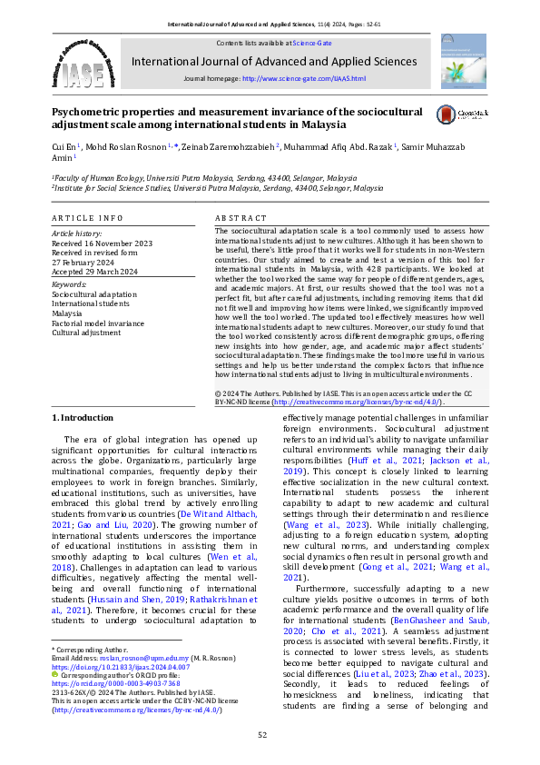 (PDF) Psychometric properties and measurement invariance of the sociocultural adjustment scale ...
