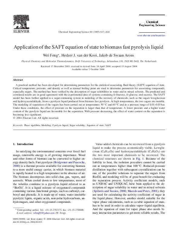 (PDF) Application of the SAFT equation of state to biomass fast pyrolysis liquid