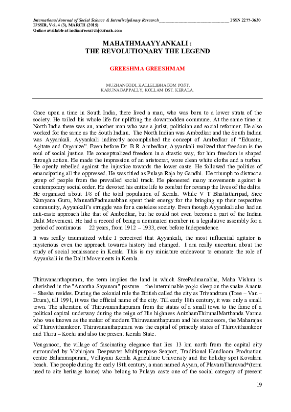 (PDF) Mahatma Ayyankali: The Revolutionary, The legend