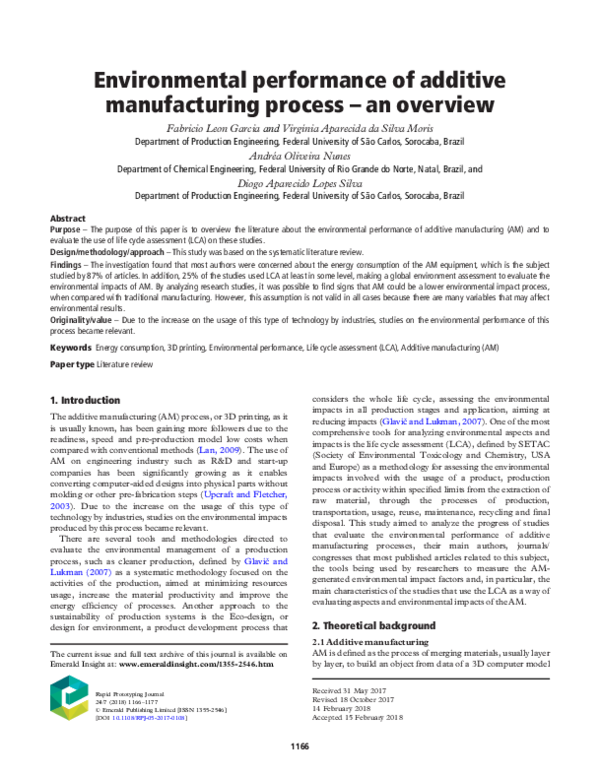 (PDF) Environmental performance of additive manufacturing process – an ...