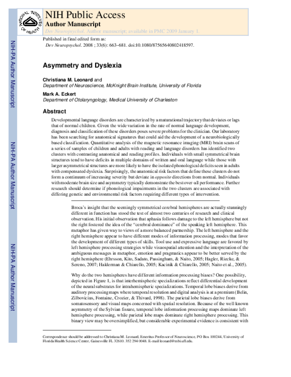 (PDF) Asymmetry and Dyslexia