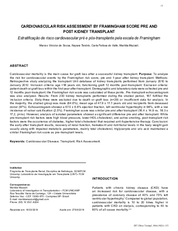 (PDF) Cardiovascular risk assessment by Framingham score pre and post ...