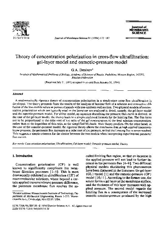 (PDF) Theory of concentration polarization in cross-flow ultrafiltration: gel-layer model and ...
