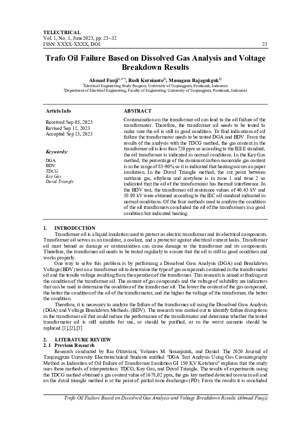 (PDF) Trafo Oil Failure Based on Dissolved Gas Analysis and Voltage ...