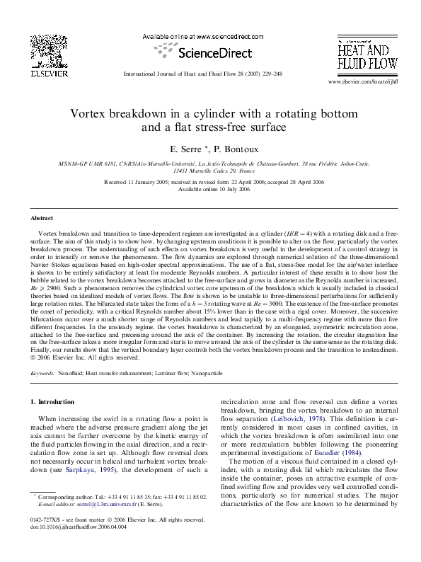 (PDF) Vortex breakdown in a cylinder with a rotating bottom and a flat ...