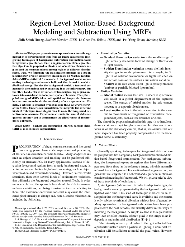 (PDF) Region-Level Motion-Based Background Modeling and Subtraction Using MRFs | Shih-Shinh ...