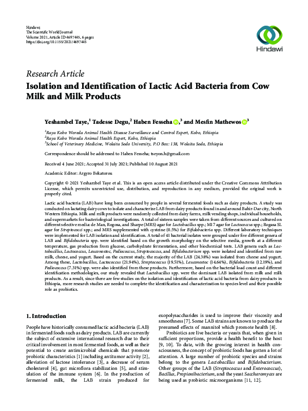 (PDF) Isolation and Identification of Lactic Acid Bacteria from Cow Milk and Milk Products ...