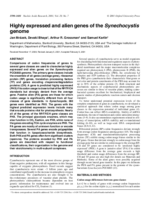 (PDF) Highly expressed and alien genes of the Synechocystis genome ...