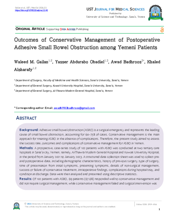 (PDF) Outcomes of Conservative Management of Postoperative Adhesive ...