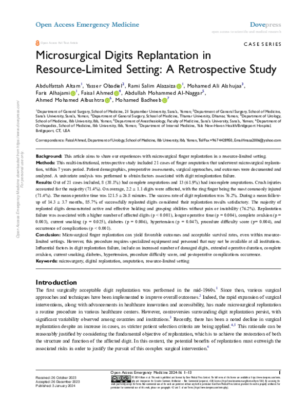 (PDF) Microsurgical Digits Replantation in Resource-Limited Setting: A ...