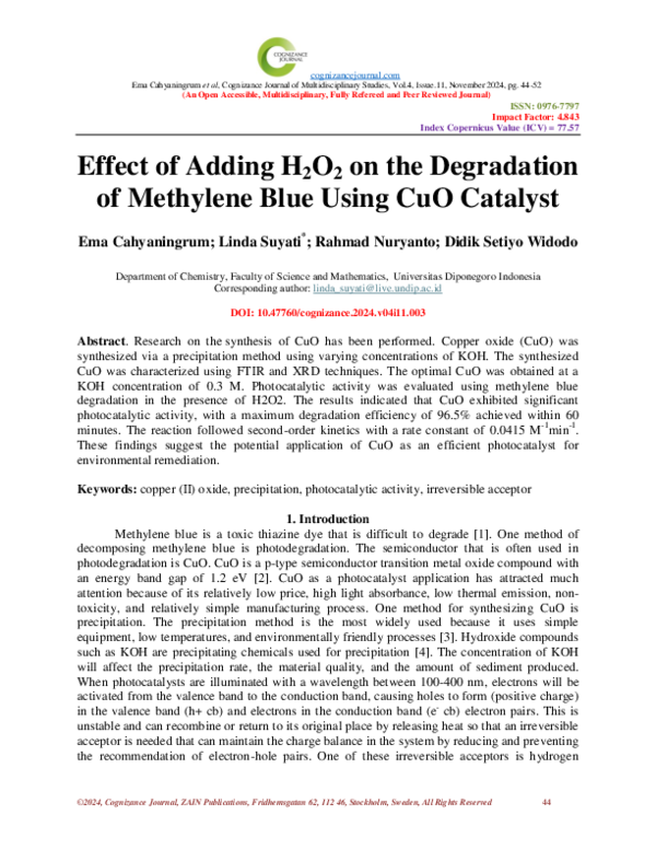 (PDF) Effect of Adding H2O2 on the Degradation of Methylene Blue Using ...