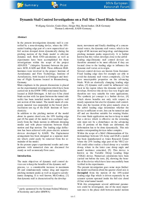 (PDF) Dynamic stall control investigations on a full size chord blade section
