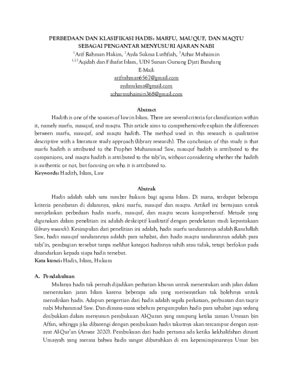 (PDF) Perbedaan dan Klasifikasi Hadis: Marfu, Mauquf, dan Maqtu Sebagai ...