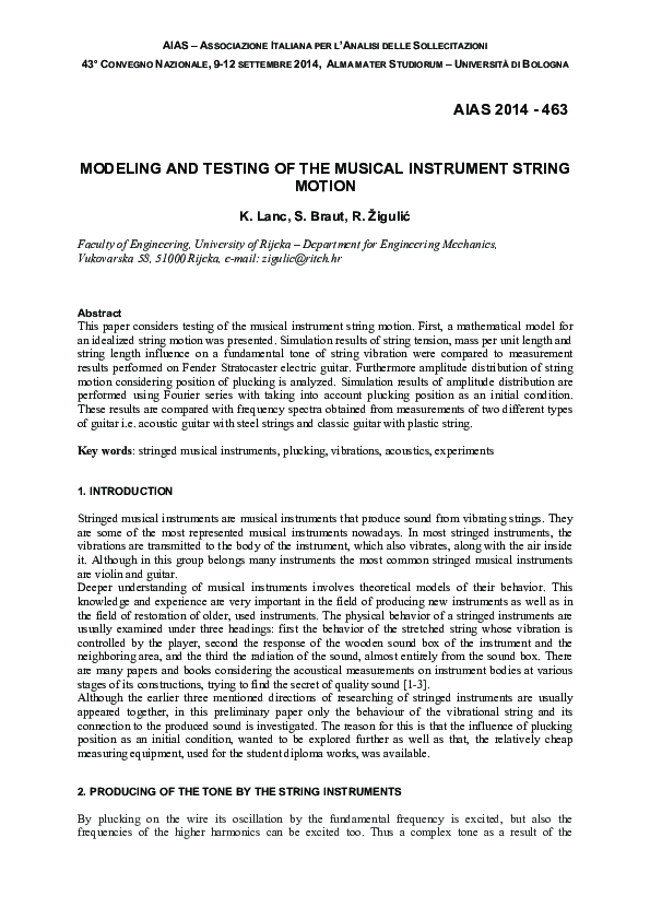 (PDF) Modeling and testing of the musical instrument string motion