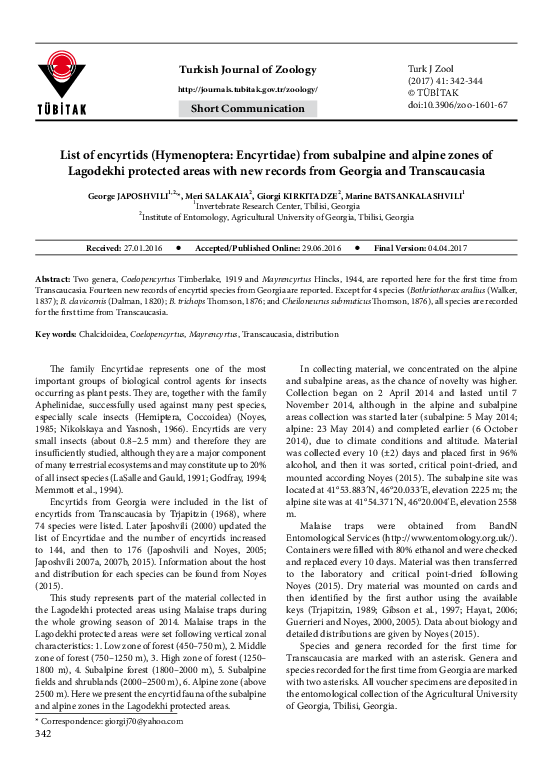 (PDF) List of encyrtids (Hymenoptera: Encyrtidae) from subalpine and ...