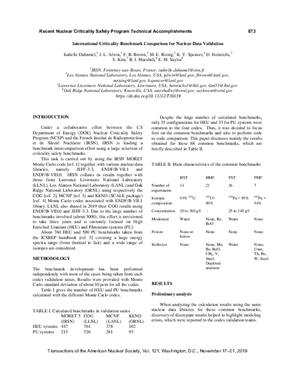 (PDF) International Criticality Benchmark Comparison for Nuclear Data Validation | M. Rising ...