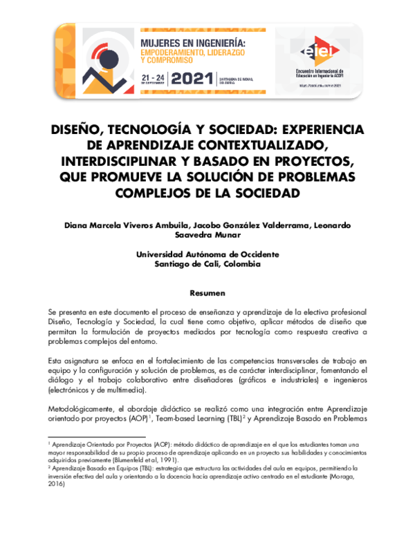 (PDF) Diseño, Tecnología y Sociedad: Experiencia De Aprendizaje ...