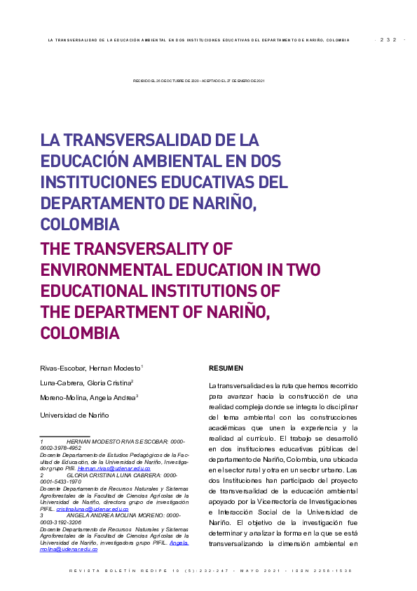 (PDF) La transversalidad de la educación ambiental en dos instituciones educativas del ...
