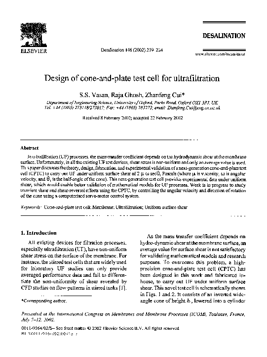 (PDF) Design of cone-and-plate test cell for ultrafiltration