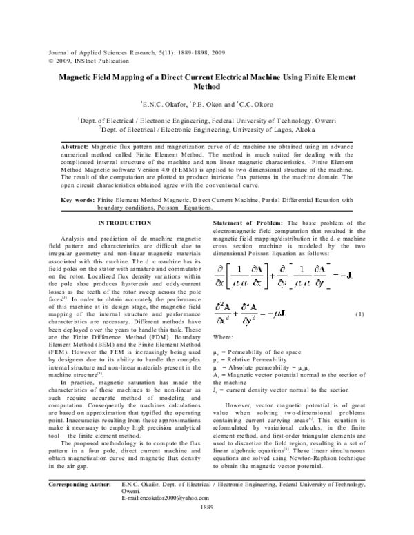(PDF) Magnetic Field Mapping of a Direct Current Electrical Machine Using Finite Element Method