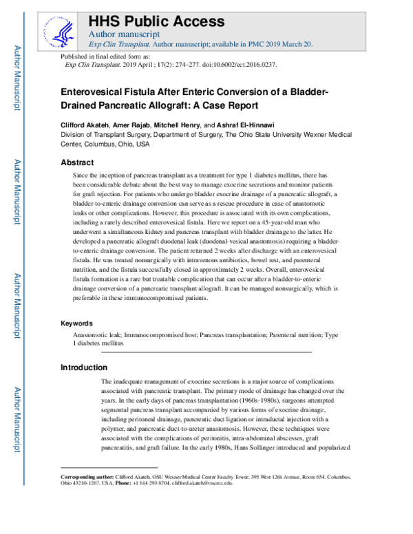 (PDF) Enterovesical Fistula After Enteric Conversion of a Bladder-Drained Pancreatic Allograft ...