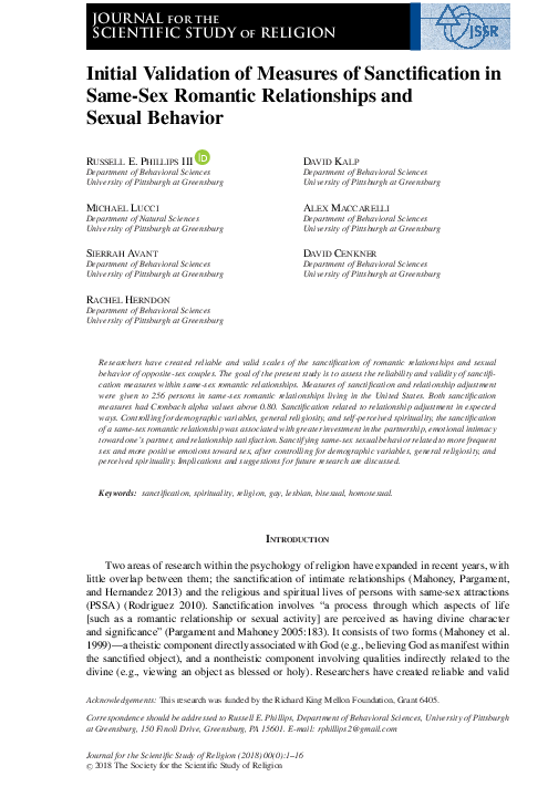 Pdf Initial Validation Of Measures Of Sanctification In Same Sex Romantic Relationships And