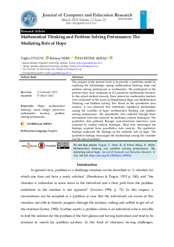 (PDF) Mathematical Thinking and Problem Solving Performance: The Mediating Role of Hope