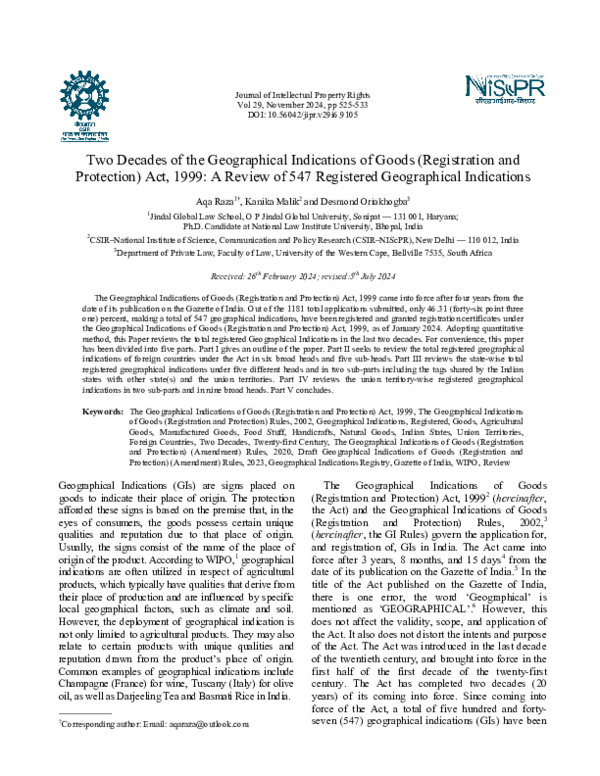 (PDF) Two Decades of the Geographical Indications of Goods ...