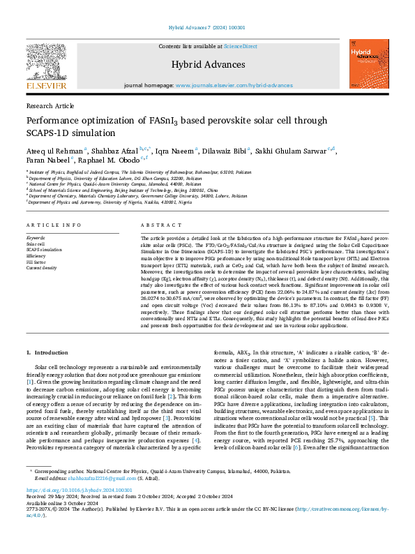 (PDF) Performance optimization of FASnI3 based perovskite solar cell through SCAPS-1D simulation