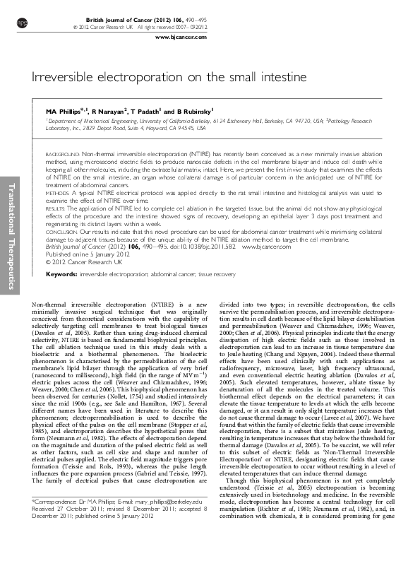 (PDF) Irreversible electroporation on the small intestine | Boris ...