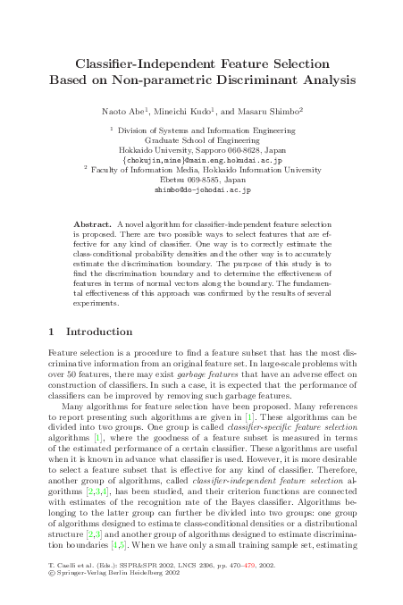 (PDF) Classifier-Independent Feature Selection Based on Non-parametric ...