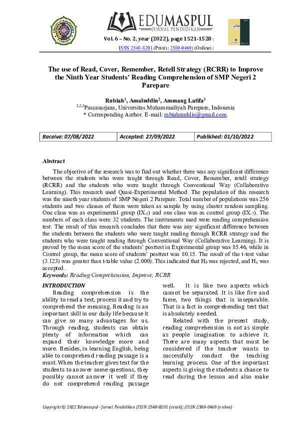 (PDF) The use of Read, Cover, Remember, Retell Strategy (RCRR) to Improve the Ninth Year ...