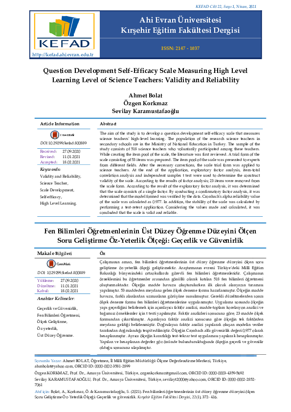(PDF) Question Development Self-Efficacy Scale Measuring High Level Learning Level of Science ...