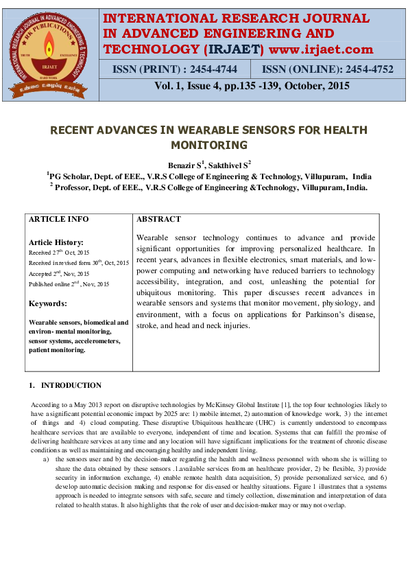 (PDF) Recent Advances in Wearable Sensors for Health Monitoring