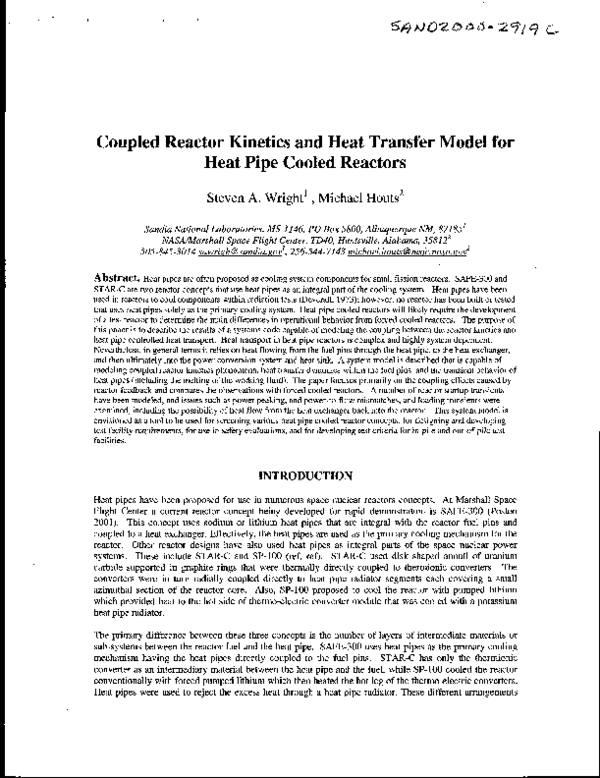 (PDF) Coupled reactor kinetics and heat transfer model for heat pipe cooled reactors