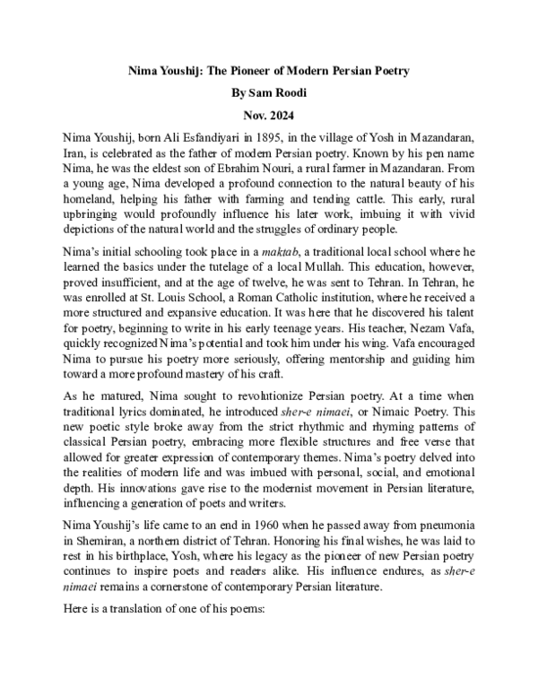 (PDF) Nima Youshij: The Pioneer of Modern Persian Poetry