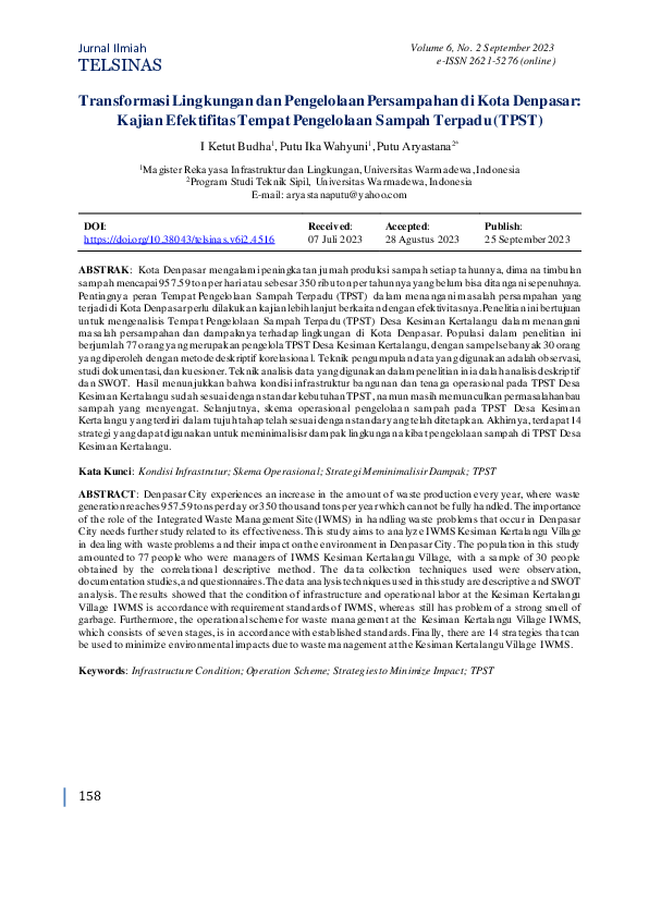 (PDF) Transformasi Lingkungan dan Pengelolaan Persampahan di Kota Denpasar: Kajian Efektifitas ...